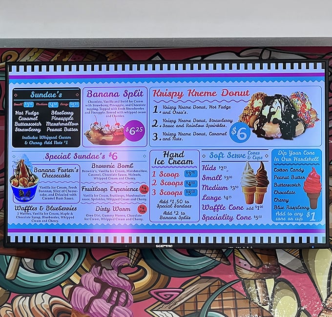 The menu board reads like a dessert lover's bucket list, with sundaes and shakes that could double as architectural marvels.