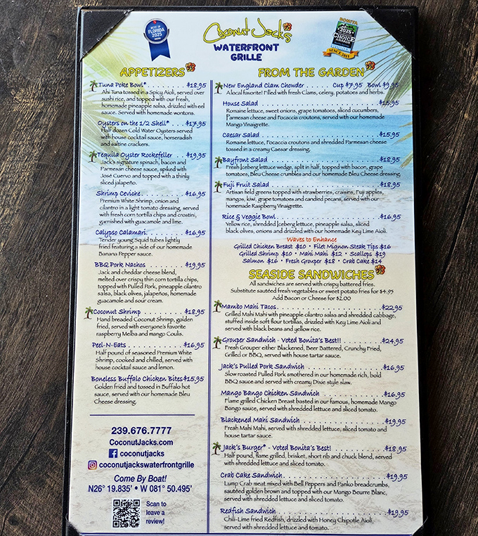 A seafood lover's dream sheet &ndash; from fresh-caught grouper to coconut shrimp, each option promises a taste of Florida's coastal bounty.