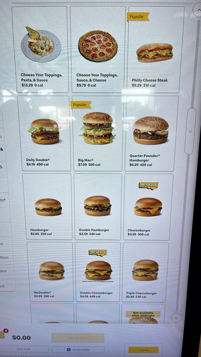 The digital menu board offers everything from classic burgers to unexpected culinary plot twists like pasta and pizza.