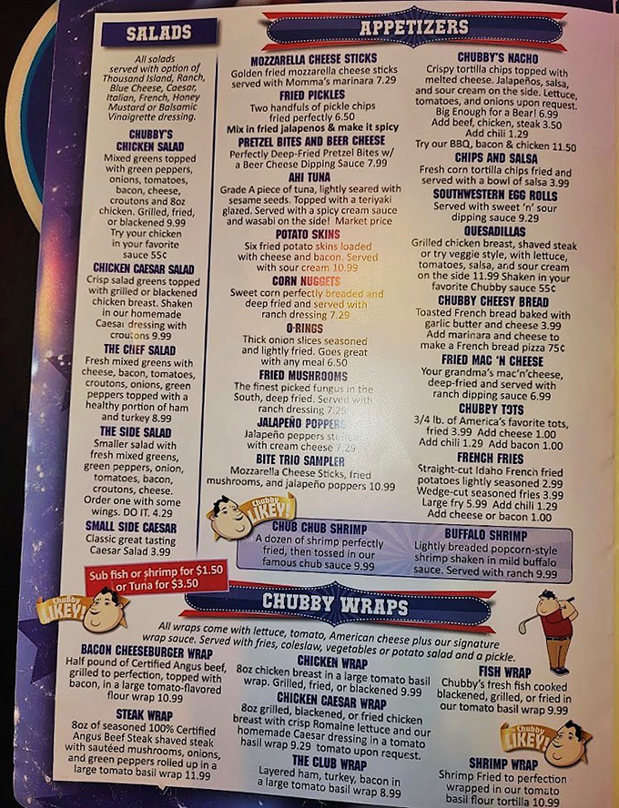 A treasure map of flavor possibilities, from classic wings to loaded fries. Reading it feels like being a kid in a candy store—if candy were saucy and savory.