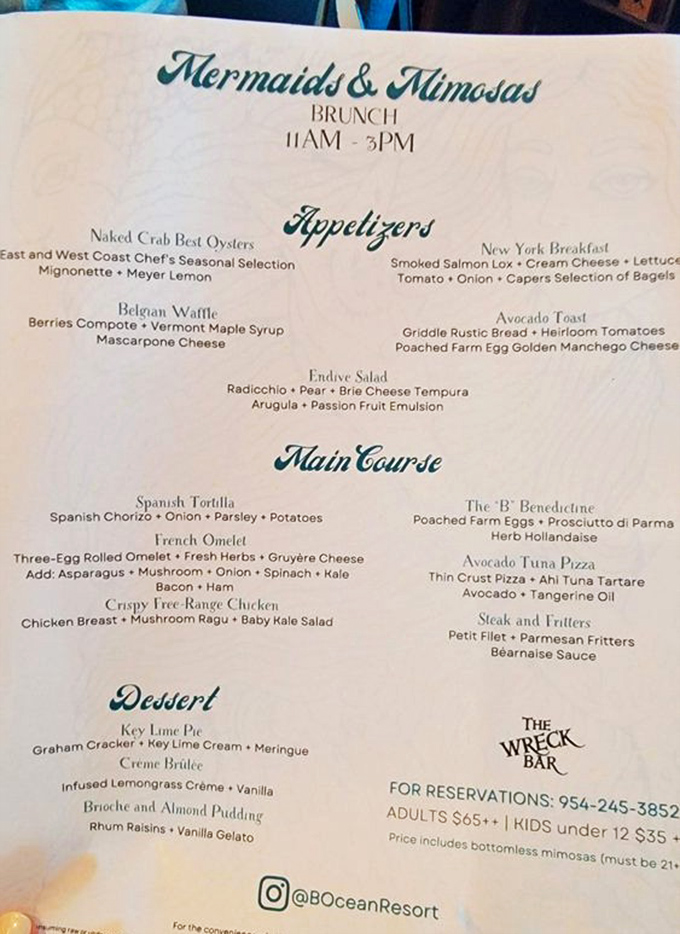 The "Mermaids & Mimosas" brunch menu reads like a culinary treasure map, with Belgian waffles and naked crab oysters competing for your attention.