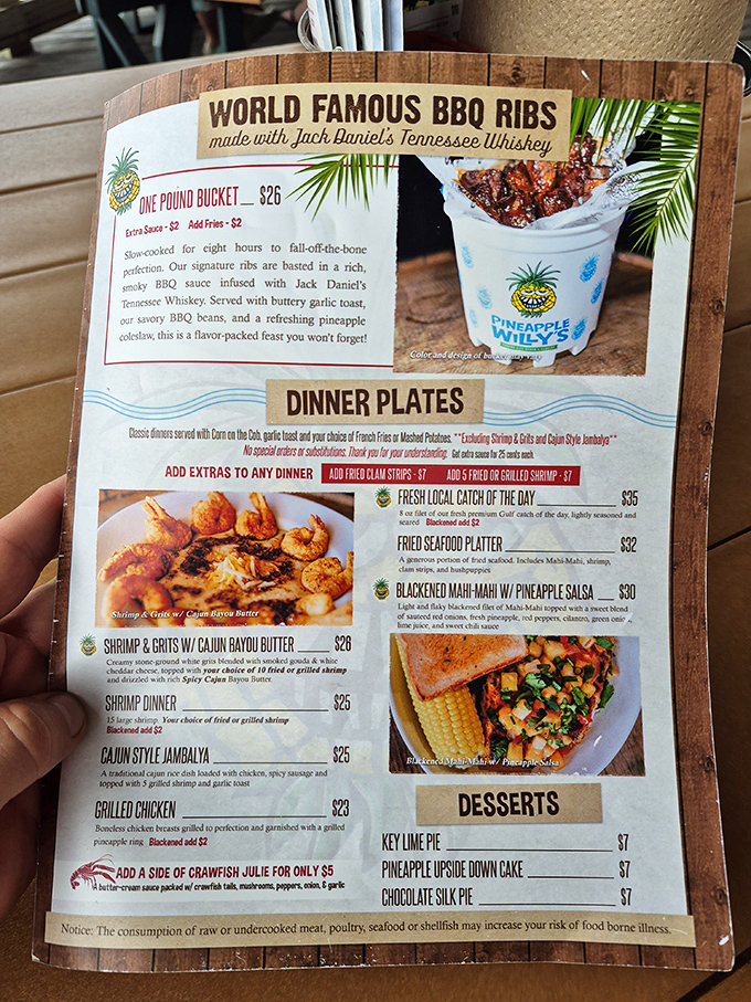 The menu reads like a love letter to Gulf cuisine &ndash; Jack Daniel's ribs and fresh seafood steal the show at this beachfront favorite.