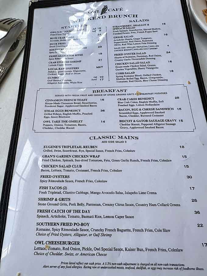 This menu reads like a love letter to Gulf Coast cuisine, offering everything from oysters to po-boys with Southern flair.