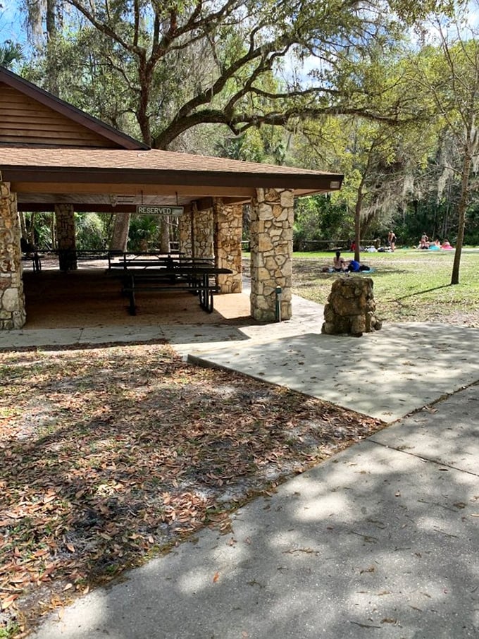 Rustic pavilions offer shaded respite for picnickers, a perfect spot to refuel between lazy river adventures.