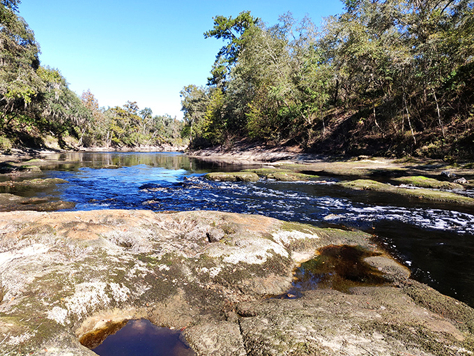When the river runs low, exposed limestone creates a natural playground of pools and mini-rapids, perfect for careful exploration.