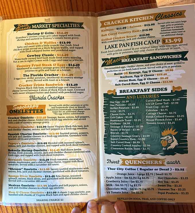 This menu reads like a greatest hits album of Southern breakfast, with every item earning its spot through deliciousness alone.