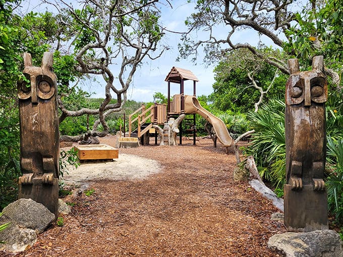 Even the playground here has gravitas&mdash;those wooden carvings stand guard like ancient sentinels watching over modern childhood adventures.