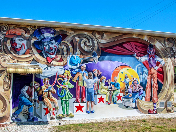 Step right up to the greatest show in town! This circus-themed masterpiece celebrates Lake Placid's unique connection to clowning arts.