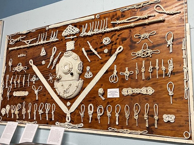Knot your average display! This intricate board showcases the essential rope work that kept divers connected to the surface world &ndash; literally their lifeline.