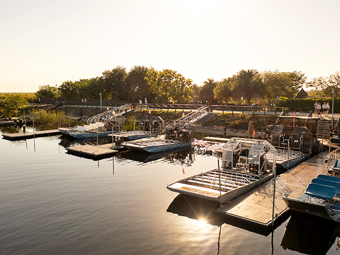 The marina at sunset offers a moment of tranquility before tomorrow's adventures, airboats resting after a day of wild encounters.