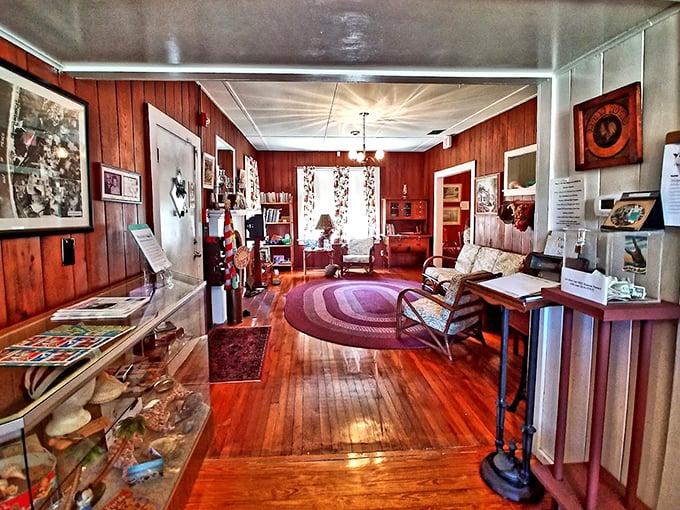 Warm wood paneling and carefully curated displays create an intimate atmosphere, like browsing through your grandparents' most fascinating keepsakes.