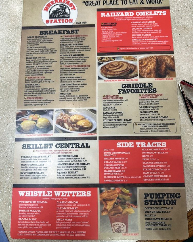 The railroad-themed menu doesn't just look good &ndash; it's a roadmap to breakfast nirvana with cleverly named sections like "Railyard Omelets" and "Whistle Wetters."