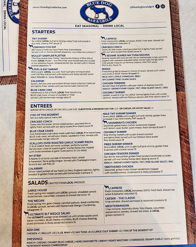 A treasure map of Gulf Coast delights, Blue Dog's menu showcases fresh-caught seafood prepared with Florida flair and local ingredients.