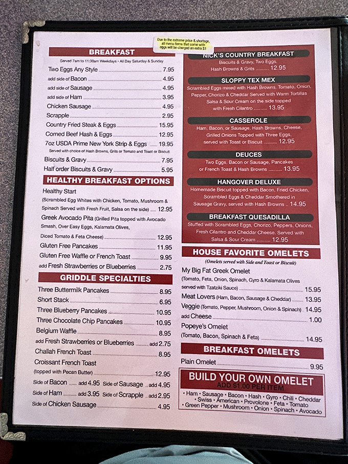 The breakfast menu reads like a love letter to morning indulgence, with everything from simple eggs to the aptly-named "Hangover Deluxe."