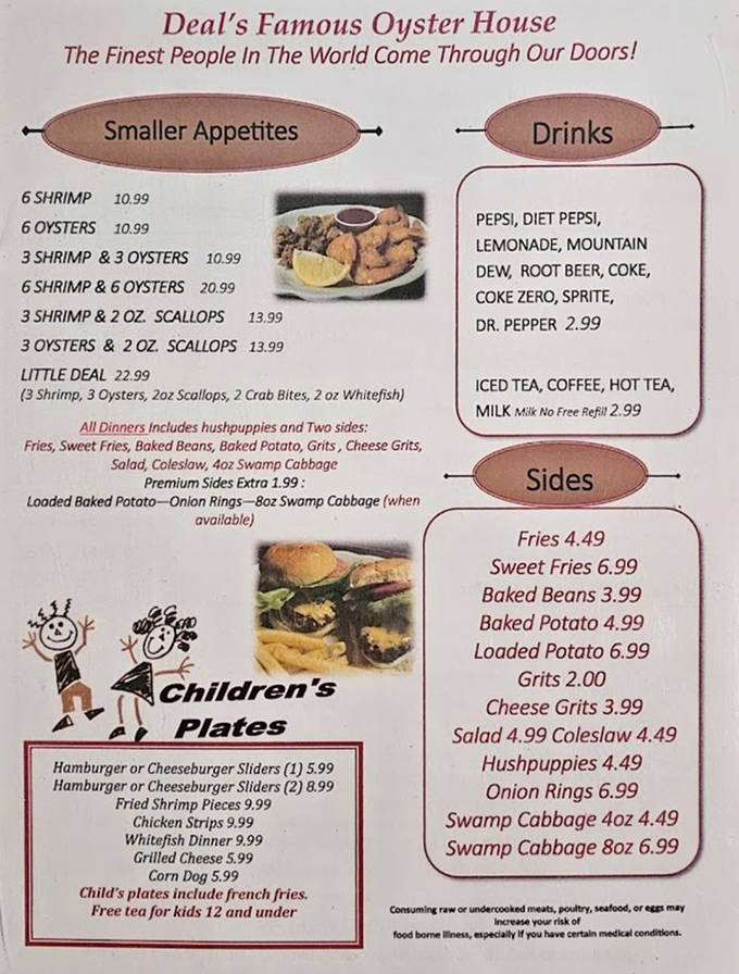 The menu at Deal's reads like a love letter to Gulf seafood, with combinations that make choosing just one item nearly impossible. Decision paralysis never tasted so good.