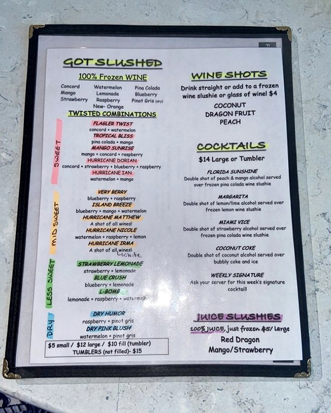 The slushie menu reads like a tropical cocktail dream sequence &ndash; "Hurricane Dorian" and "Mango Sunrise" aren't weather reports, they're wine experiences!