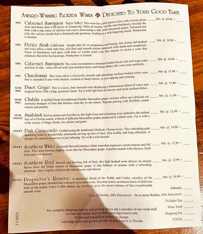 A menu that reads like a love letter to Florida's unique terroir, showcasing everything from bold reds to crisp whites with detailed tasting notes.