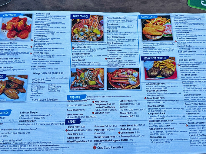 Menu: A treasure map of oceanic delights awaits, with combos and specials that might require strategic planning or simply throwing caution to the wind.