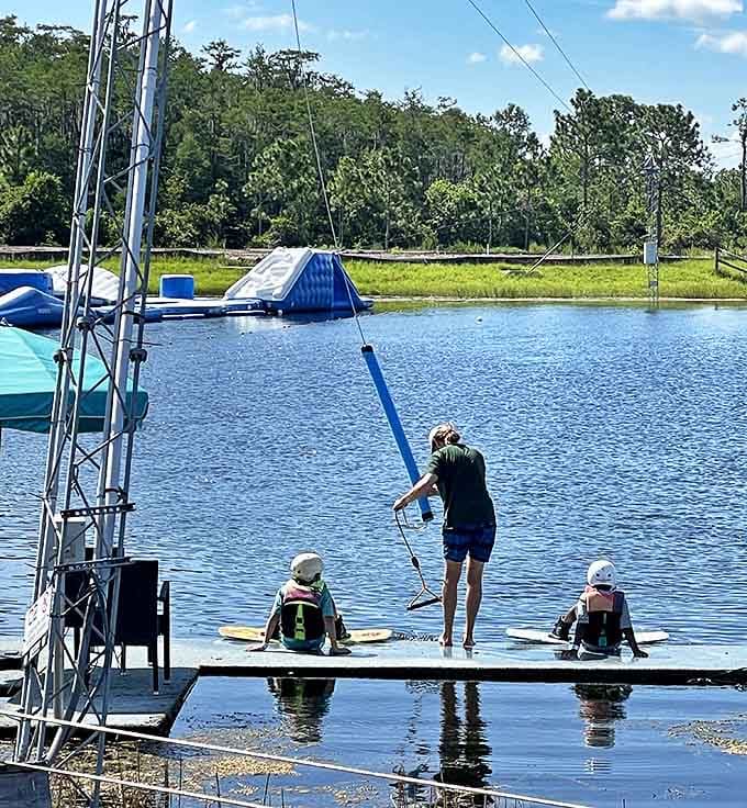 Wakeboarding lessons in progress – that moment between "I've got this!" and "I definitely don't got this!" captured perfectly.
