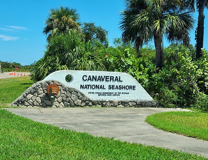 The welcoming sign to paradise &ndash; where rockets may launch overhead while your only concern is finding the perfect seashell.