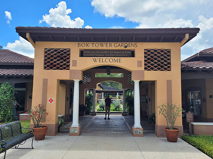 Bok Tower Gardens' entrance pavilion offers a shaded gateway to one of Florida's most serene botanical treasures.