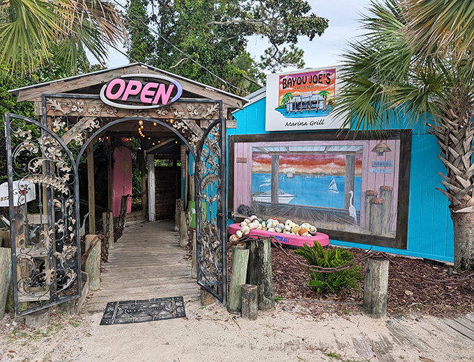 Step through this whimsical entrance into seafood paradise. Bayou Joe's artistic gateway welcomes you to a world of fresh-caught delights and water views.