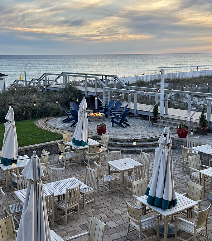 The elegant outdoor seating at Beach Walk Cafe provides a front-row seat to breathtaking Gulf sunsets and Destin's sugar-white sands.