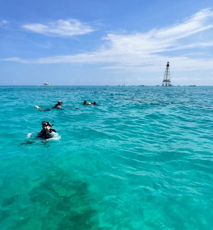 Nothing says "perfect day" quite like floating in crystal-clear water while a historic lighthouse photobombs your underwater adventure in the best way possible.