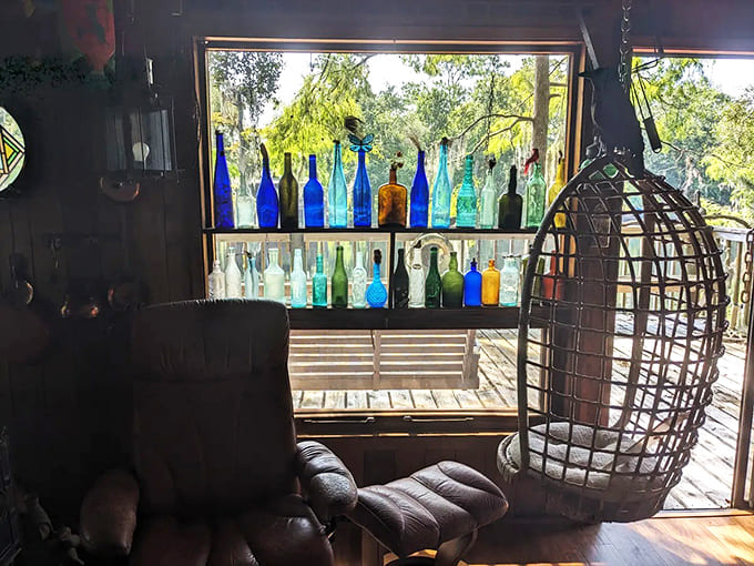 Colorful bottles line the window like a rainbow decided to retire in Florida, which honestly makes perfect sense.