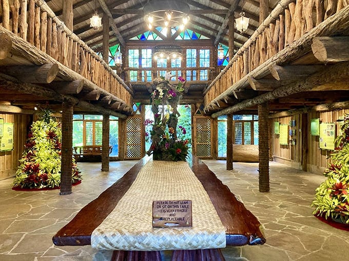 Step inside this magnificent wooden cathedral where sunlight streams through stained glass, creating a kaleidoscope of colors on the stone floor below.