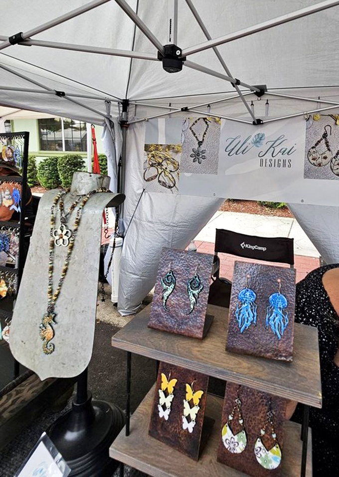 Handcrafted jewelry at Uli Kai Designs showcases coastal inspiration, where sea-themed pendants and earrings capture Amelia Island's maritime beauty in wearable art.