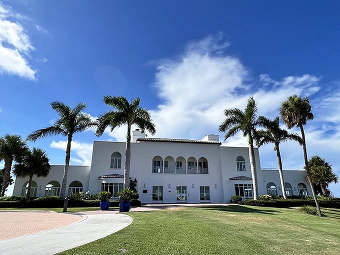Mediterranean elegance meets Florida sunshine in this historic white mansion, where palm trees stand guard like formal sentries.