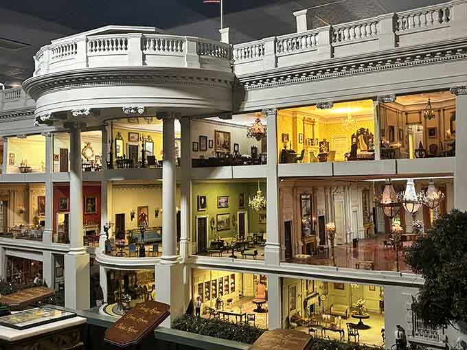 The interior of the miniature mansion reveals multiple floors of presidential living spaces, each one more meticulously detailed than your own actual house.