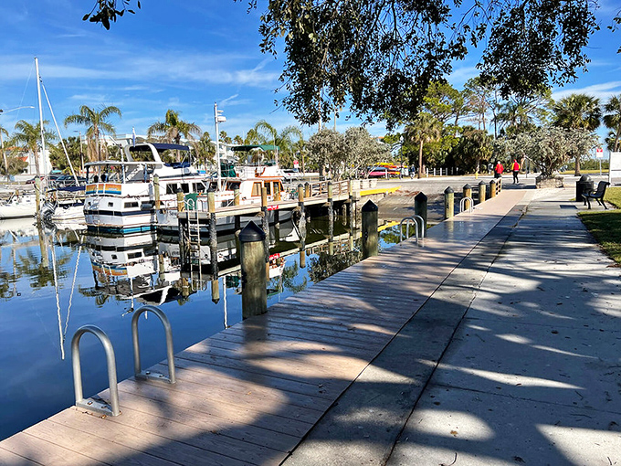 The marina's wooden docks stretch into calm waters, perfect for contemplating life's mysteries or just watching boats do boat things.