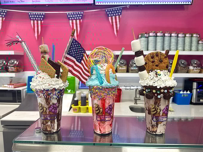 These aren't just milkshakes – they're edible skyscrapers topped with cookies, candy, and enough whipped cream to make a dairy farmer blush.