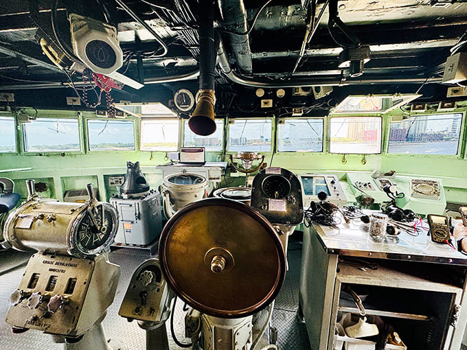 The bridge interior showcases vintage navigation equipment that sailors mastered without benefit of GPS or computer screens.