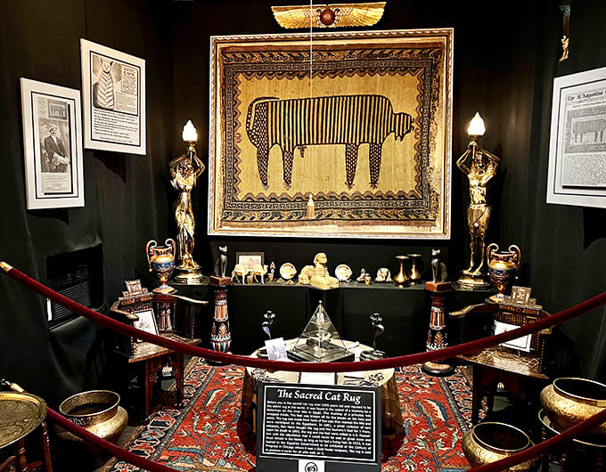 Behold the Sacred Cat Rug, over 2,400 years old and allegedly cursed, safely behind glass where it can't ruin anyone's day.