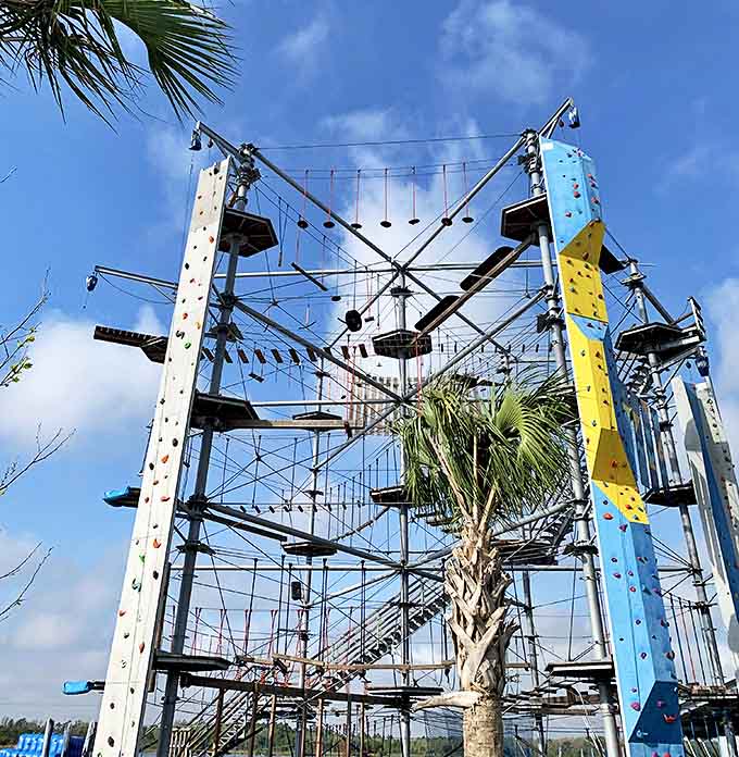The adventure tower stands tall against Florida's blue sky, silently challenging visitors: "Think you're brave? Prove it."