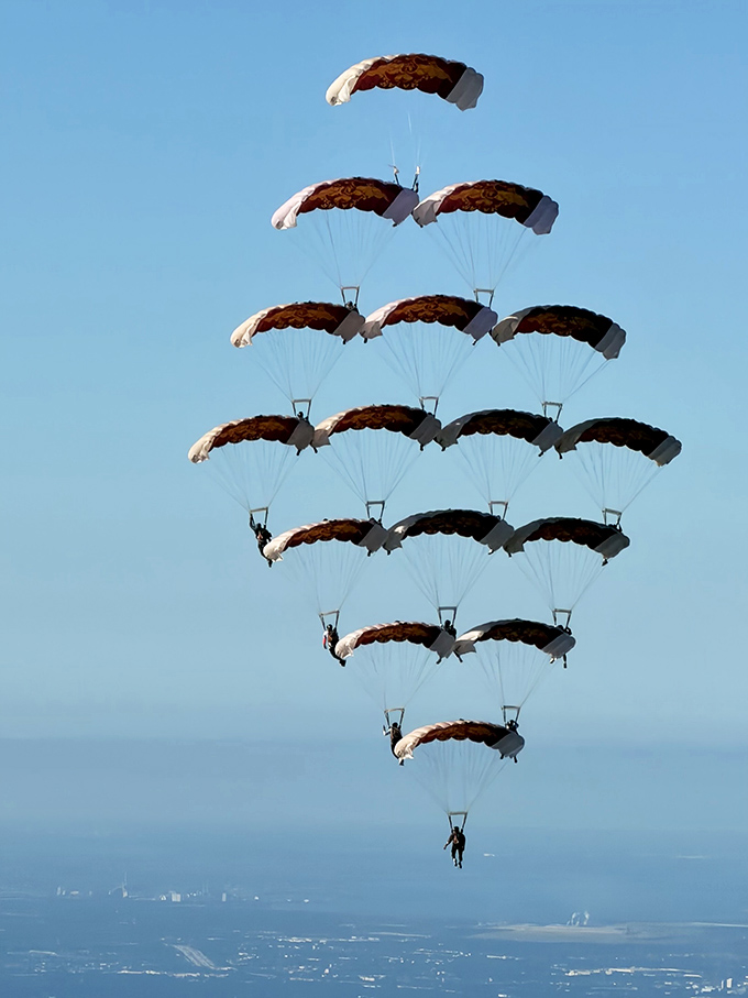 Like synchronized swimmers of the sky, experienced jumpers create breathtaking formations during freefall, painting geometric patterns against Florida's blue canvas.