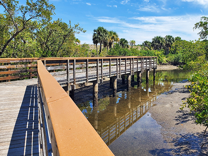 The wooden boardwalk meanders through coastal vegetation, offering a shaded respite from the Florida sunshine between beach adventures.