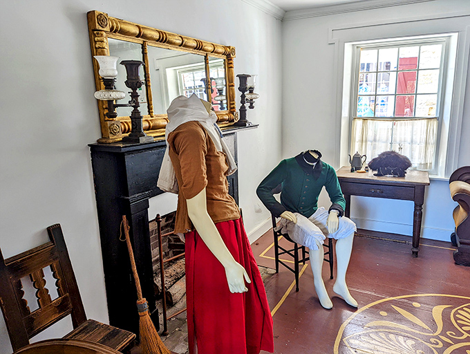 Fashion flashback! These colonial outfits make today's "business casual" look positively futuristic. No dry cleaning available in the 1700s.