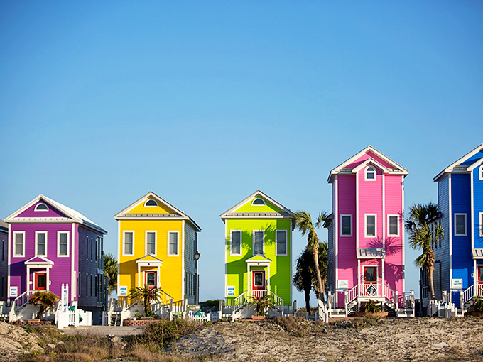 Like a box of tropical crayons melted in the sun, these vibrant beach houses add whimsy to the island's relaxed landscape.