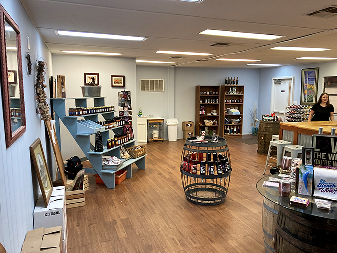 The tasting room balances rustic charm with practical design, creating a space where wine novices and connoisseurs alike feel instantly welcome.