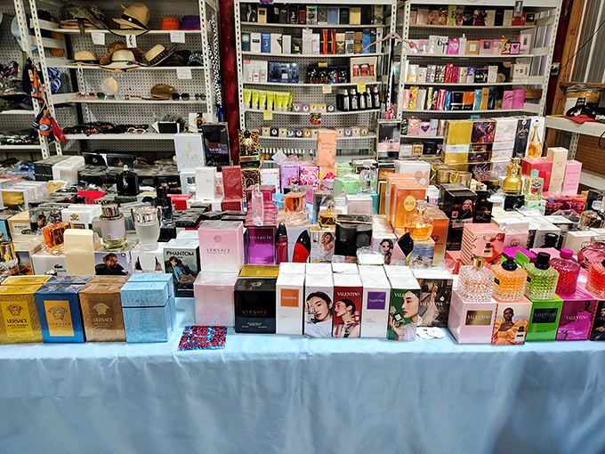 A fragrance lover's paradise unfolds with hundreds of perfume bottles standing at attention like tiny soldiers, their colorful boxes promising exotic scents and affordable luxury.