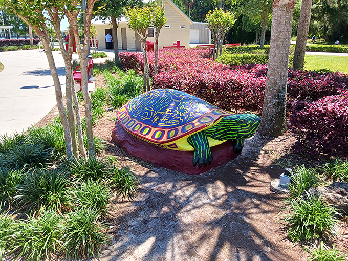 This vibrant turtle sculpture adds whimsy to the landscape, proving public art doesn't need a museum to make you smile.