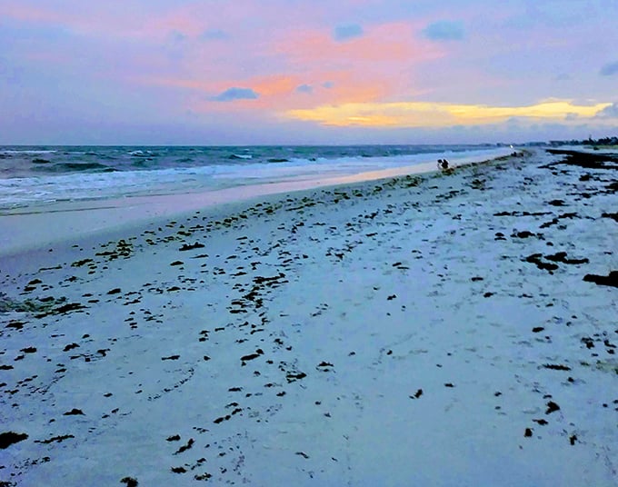 Winter's gentle touch transforms Mexico Beach into a serene escape where footprints tell stories of solitary walks and peaceful contemplation.