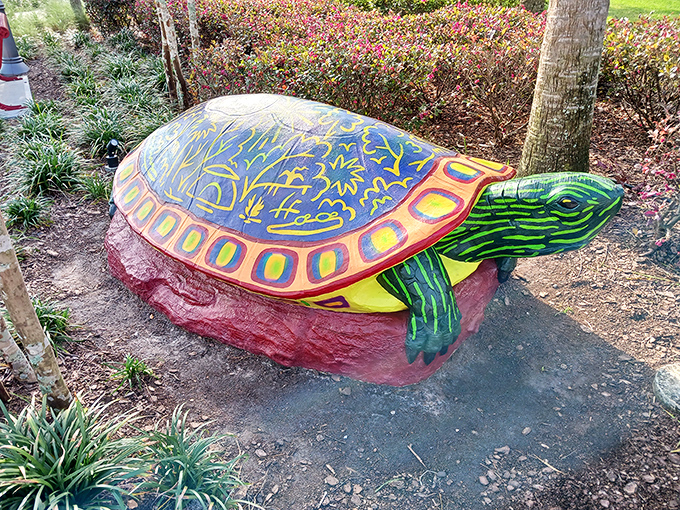 The colorful turtle sculpture stands as both art and playground, proving that public installations are more fun when they're reptilian.