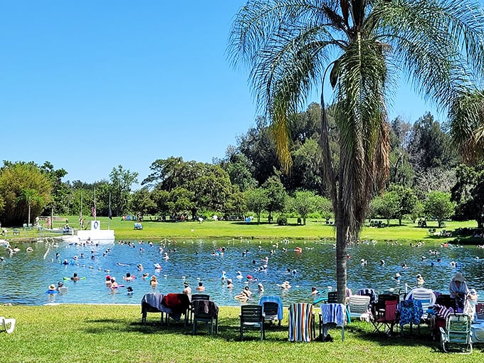 Visitors stake their claim along the shoreline, lawn chairs and towels marking territory like friendly flags in this aquatic United Nations.