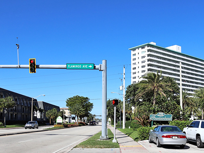 A bright, sunny day along Flamingo Avenue in Lauderdale-By-The-Sea, where palm trees, coastal buildings, and wide streets capture the town&rsquo;s relaxed beachside atmosphere.