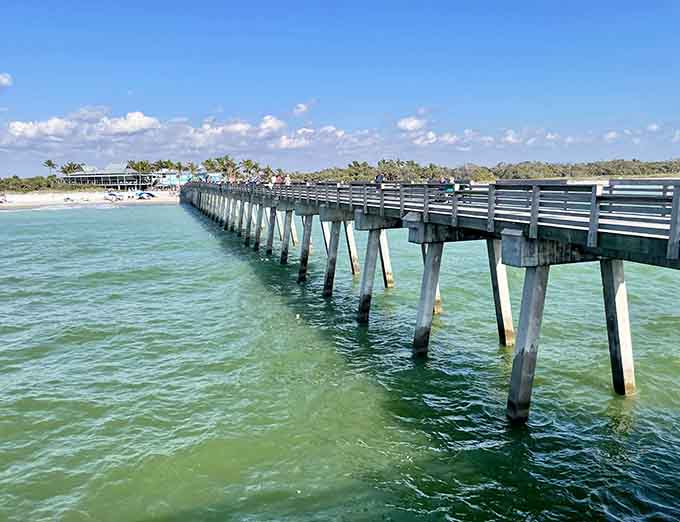 Venice Pier extends over clear Gulf waters, welcoming visitors with ocean views and coastal charm.